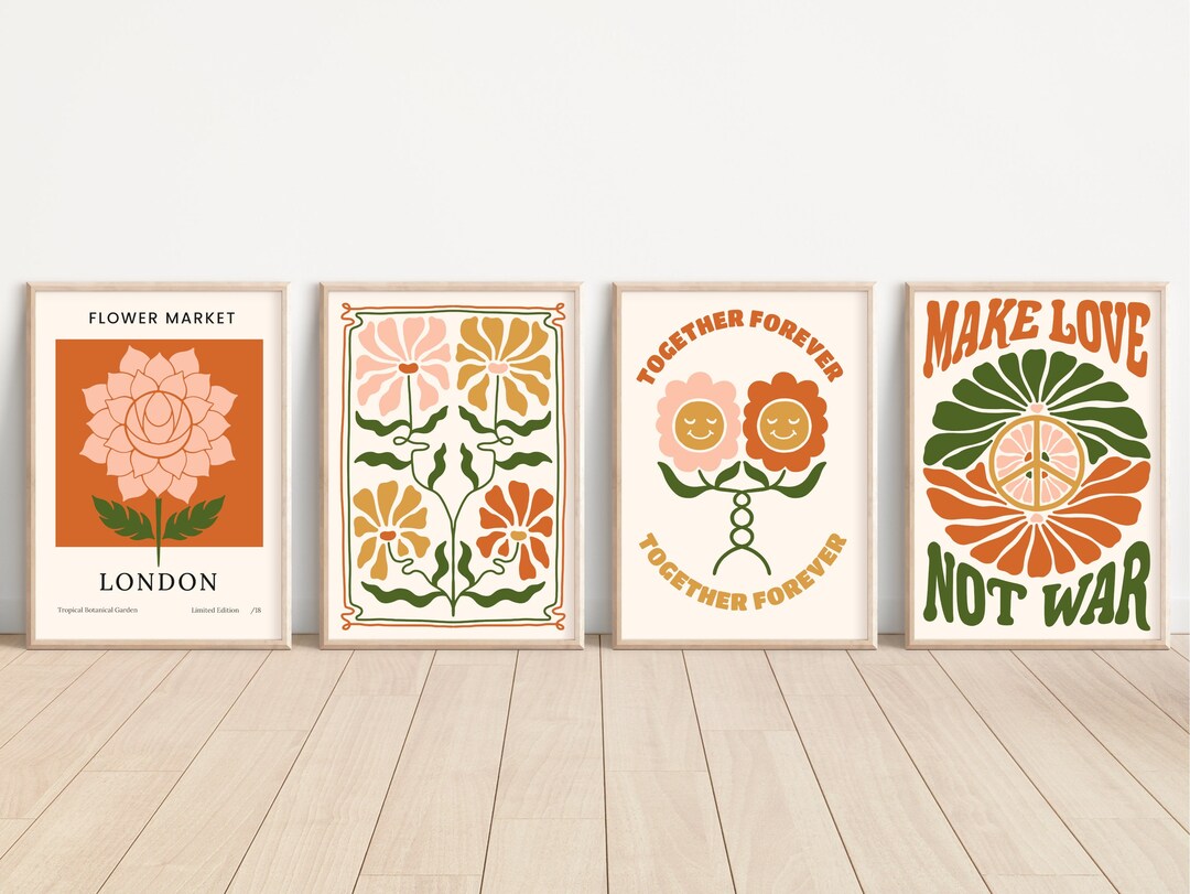 Set of 4 Retro Flowers Gallery Groovy Poster Wall Art Colorful 70s ...