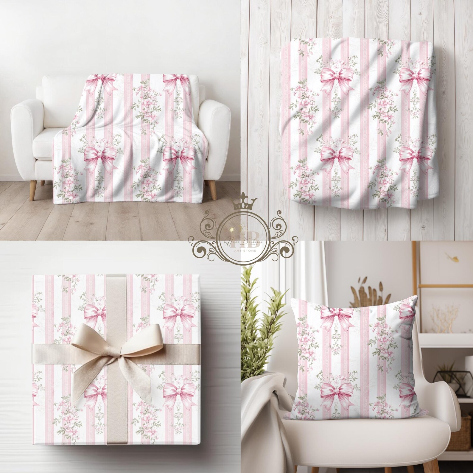Pink Bow Flower Stripe Seamless Pattern Baby Pink Digital Paper ...