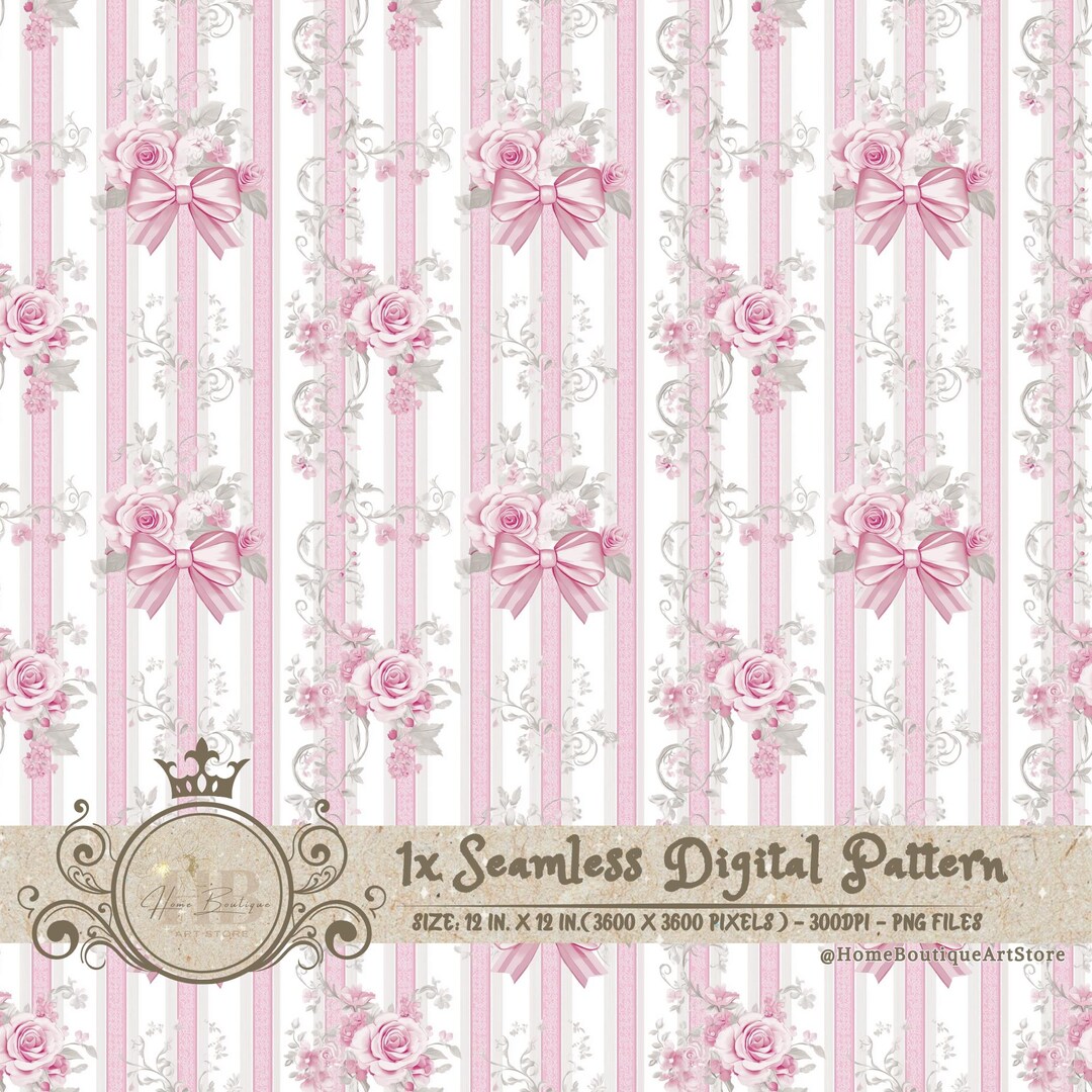 Pink Bow Flower Stripe Seamless Pattern Baby Pink Digital Paper ...
