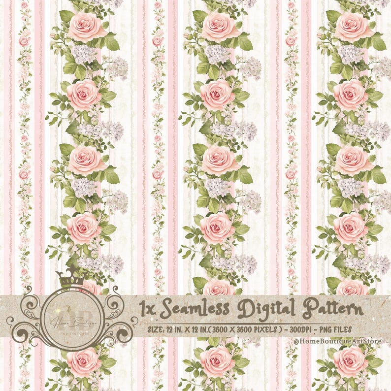 Roses Hydrangea Stripe Seamless Pattern Roses Watercolor Digital Paper ...