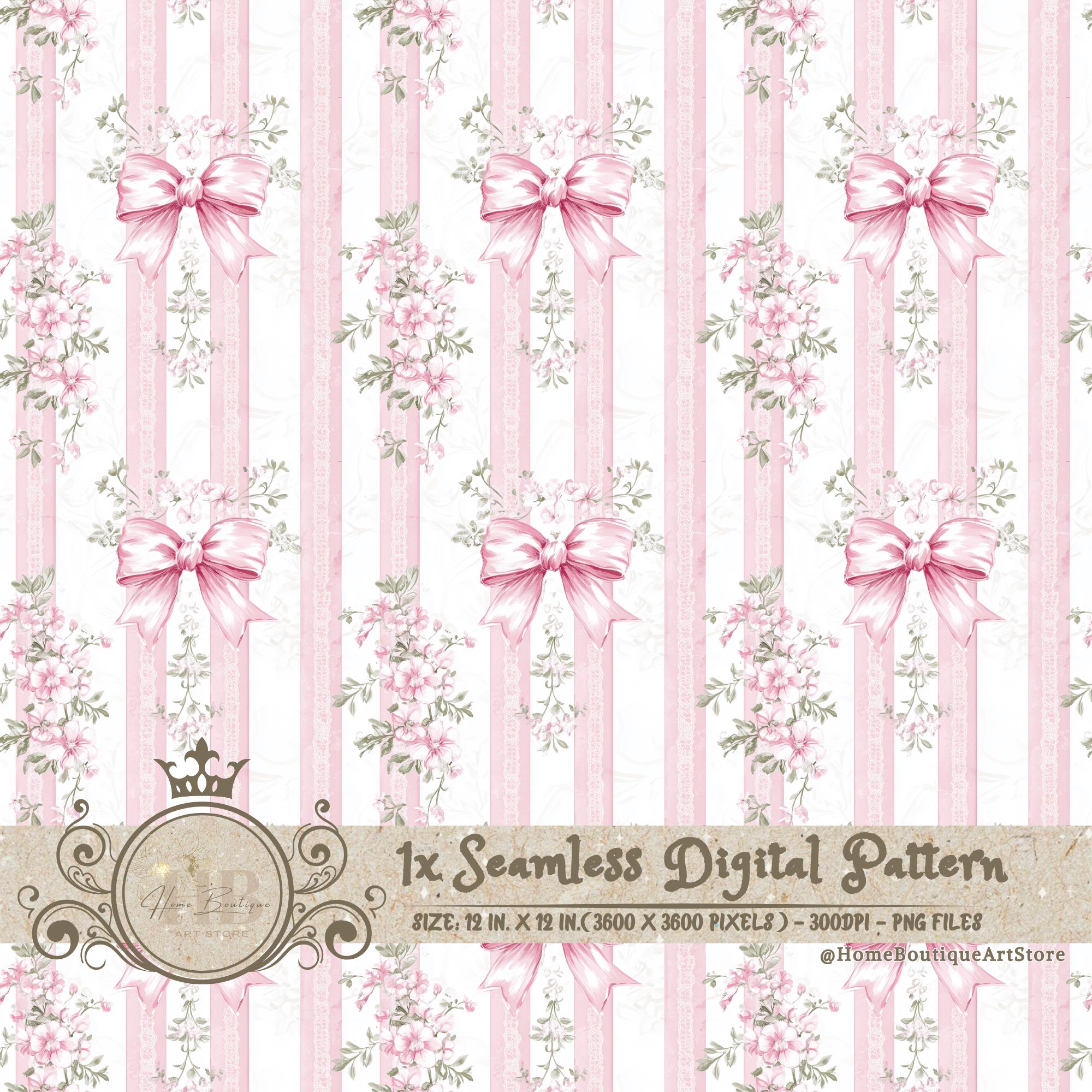 Pink Bow Flower Stripe Seamless Pattern Baby Pink Digital Paper ...