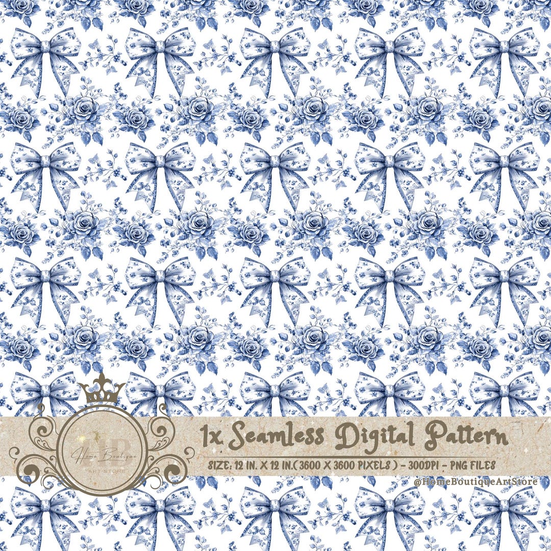 Blue Bow Toile Seamless Patterns Bows Coquette Digital Paper Wallpaper ...