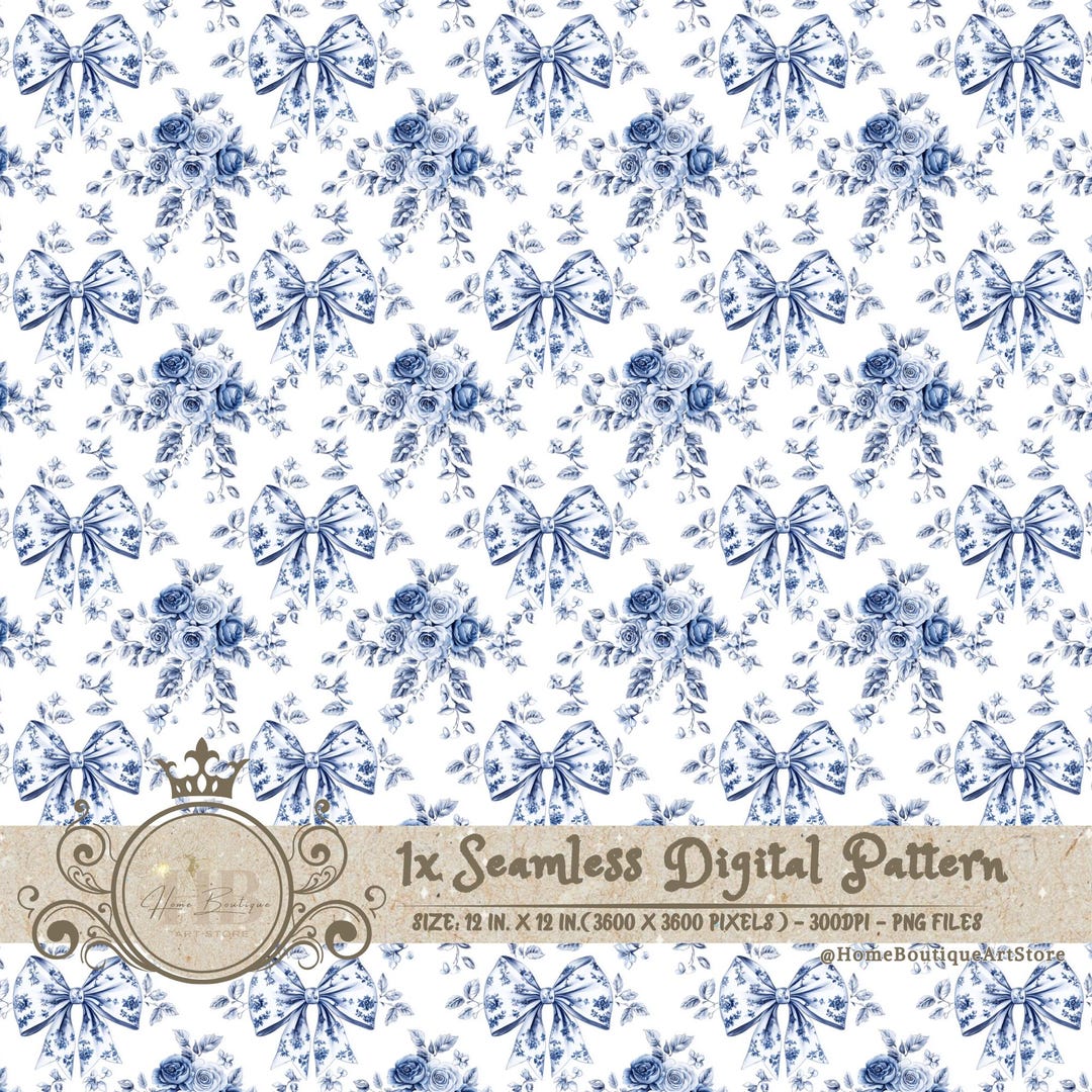 Blue Bow Toile Seamless Patterns Bows Coquette Digital Paper Wallpaper ...