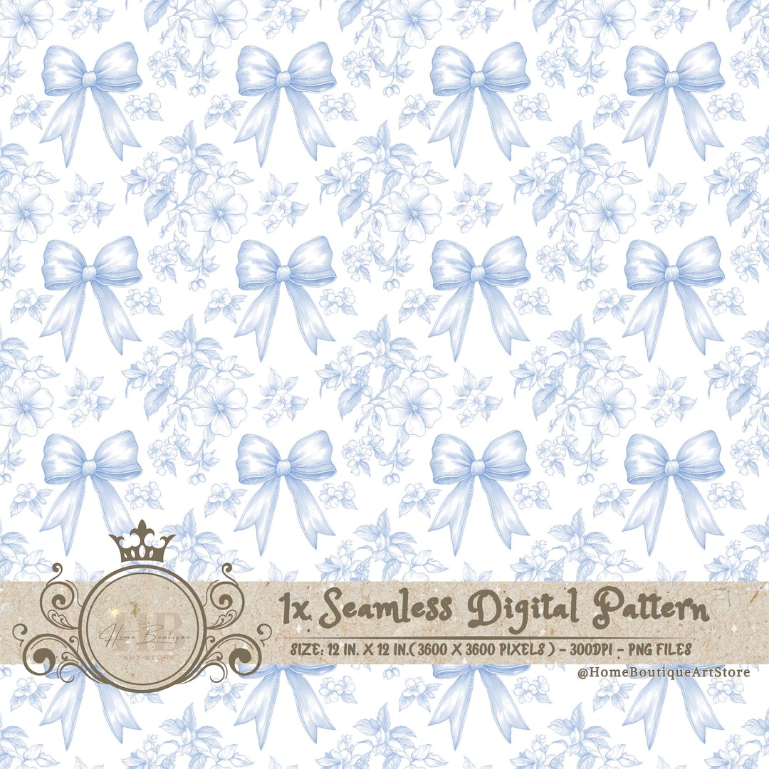 Blue Toile Coquette Seamless Patterns Bows Digital Paper Wallpaper ...