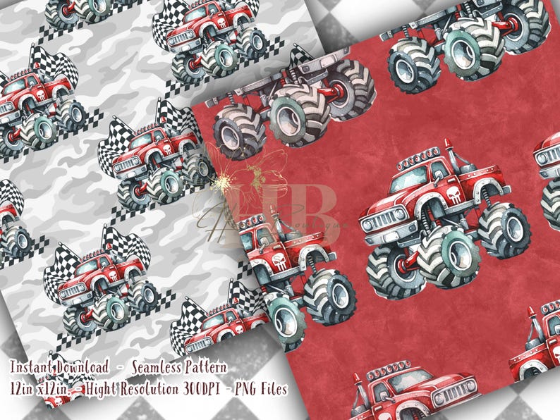 Watercolor Monster Trucks Digital Paper Pack Monster Trucks Seamless ...