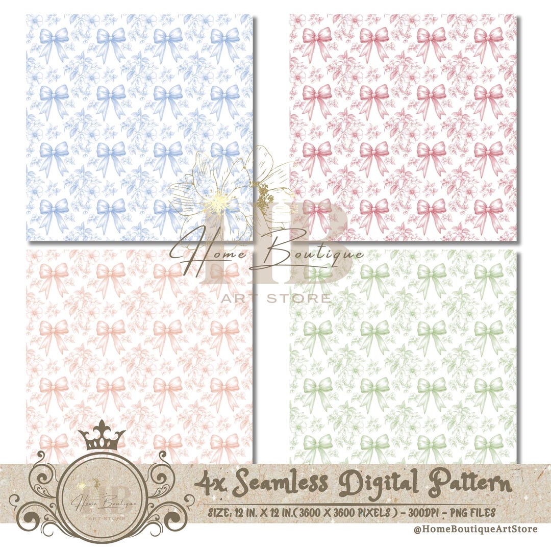 Bows Coquette Seamless Patterns Bows Chinoiserie Floral Digital Paper ...