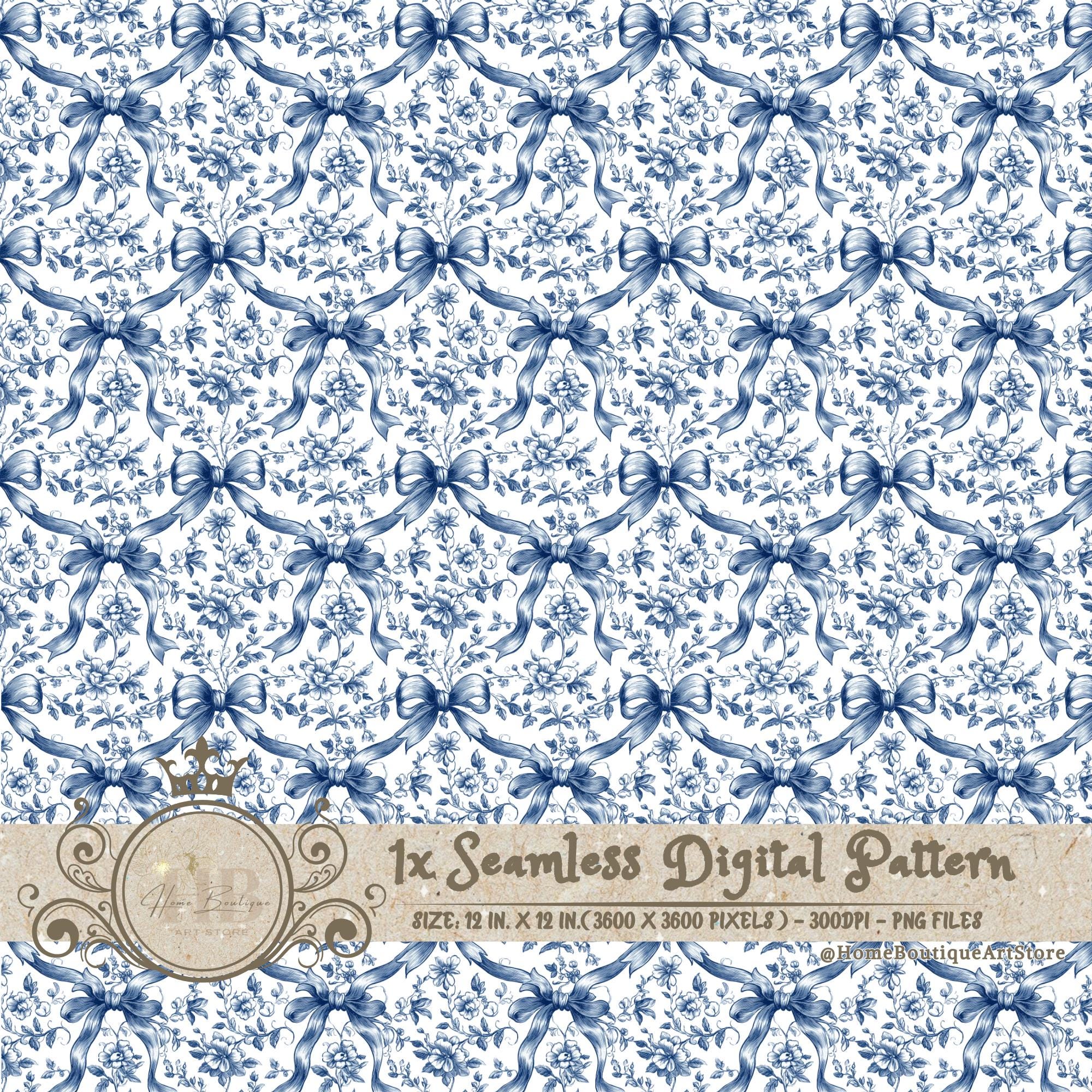 Blue Toile Coquette Seamless Patterns Bows Digital Paper Wallpaper ...