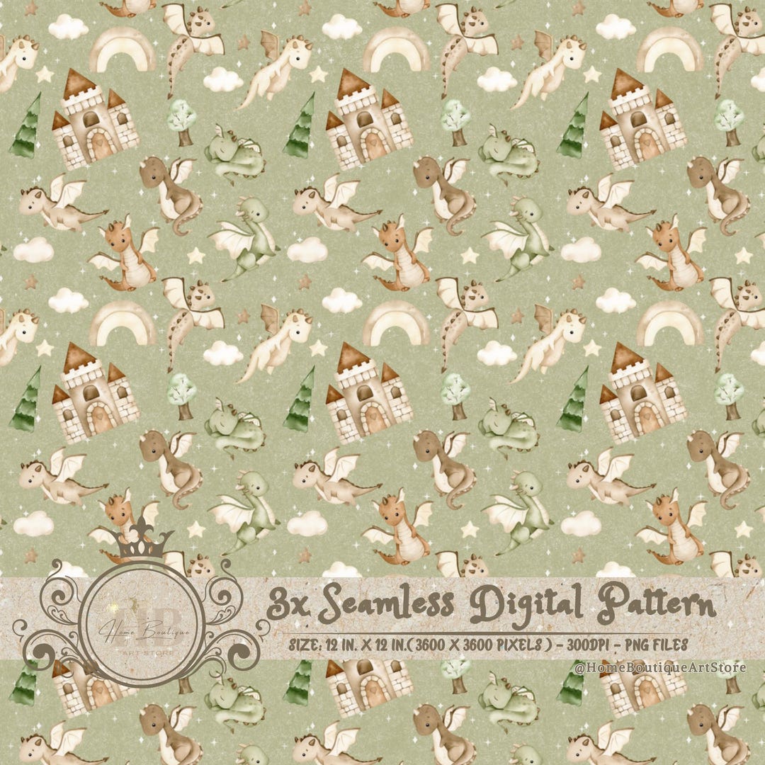 Cute Dragon Watercolor Digital Paper Pack Dragon Seamless Pattern ...