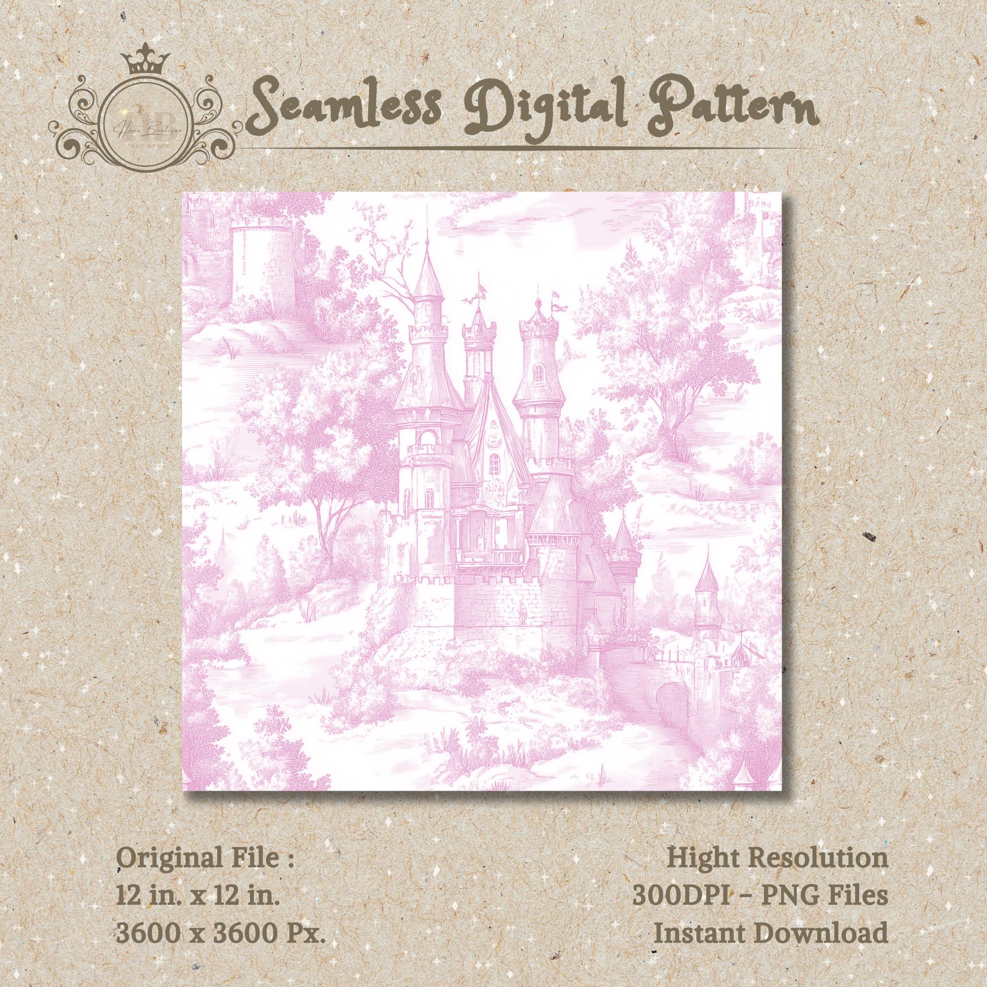 Pink Castle Toile Seamless Patterns French Toile Digital Paper ...