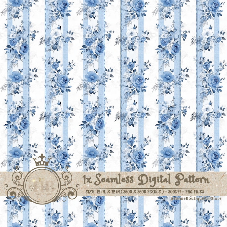 Blue Stripe Seamless Pattern Floral Digital Paper Wallpaper Scrapbook ...