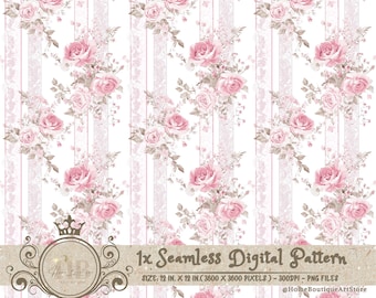 Blue Stripe Seamless Pattern Pink Floral Digital Paper Wallpaper ...