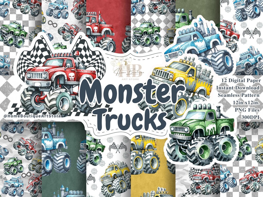 Watercolor Monster Trucks Digital Paper Pack Monster Trucks Seamless ...
