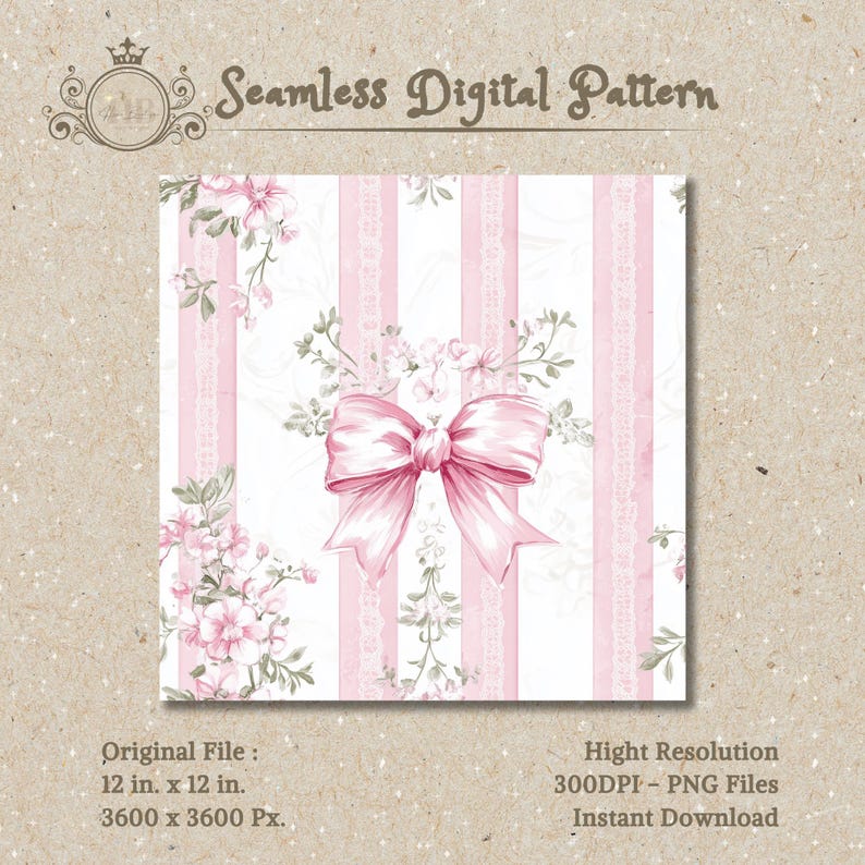 Pink Bow Flower Stripe Seamless Pattern Baby Pink Digital Paper ...