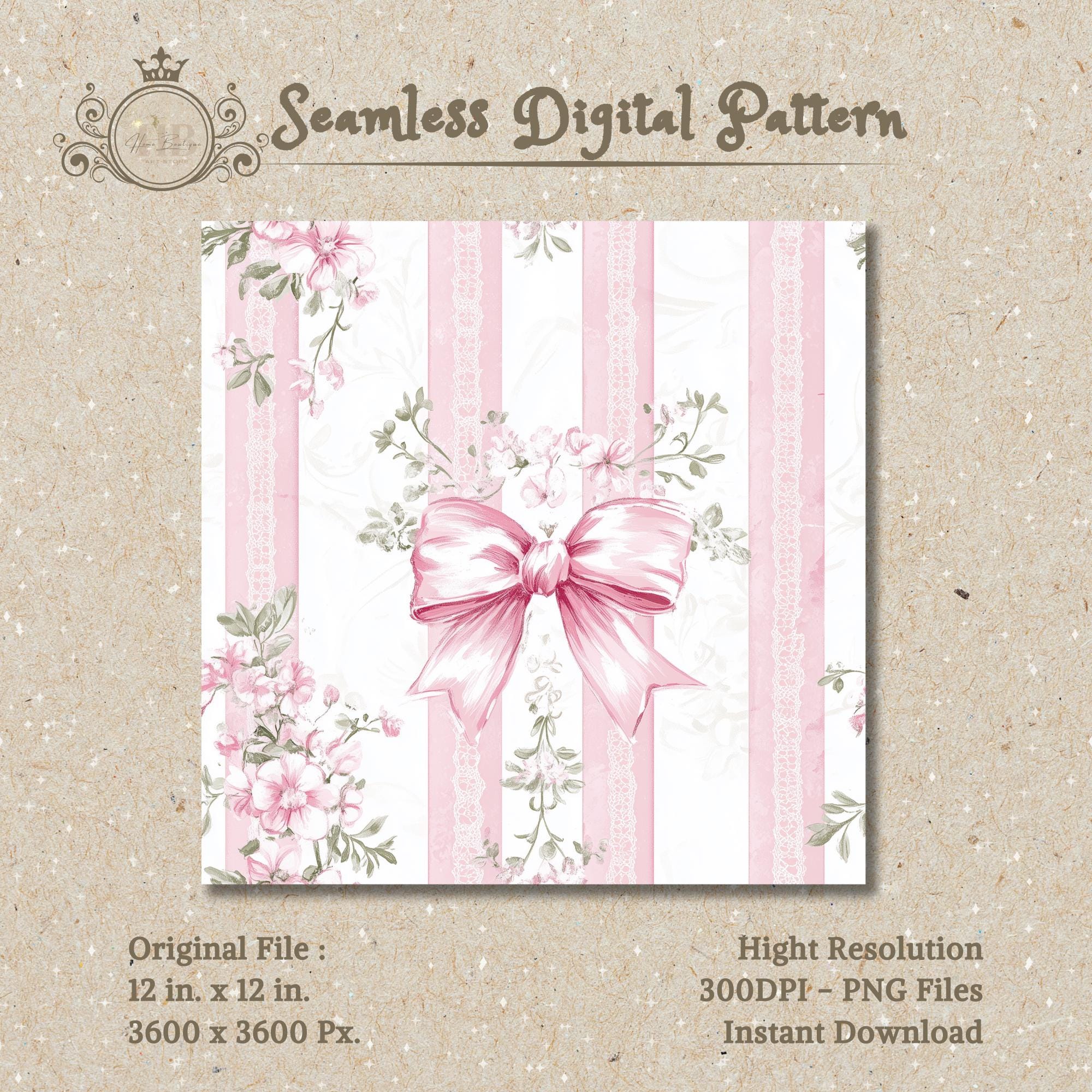 Pink Bow Flower Stripe Seamless Pattern Baby Pink Digital Paper ...