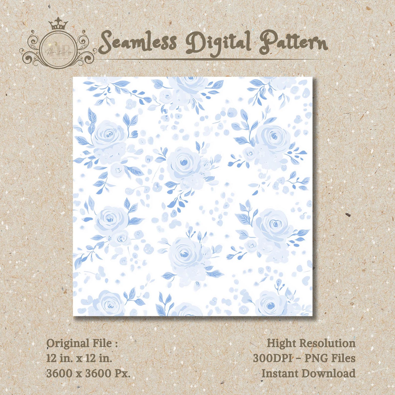 Blue Roses Toile Floral Seamless Pattern Roses Toile Watercolor Digital ...