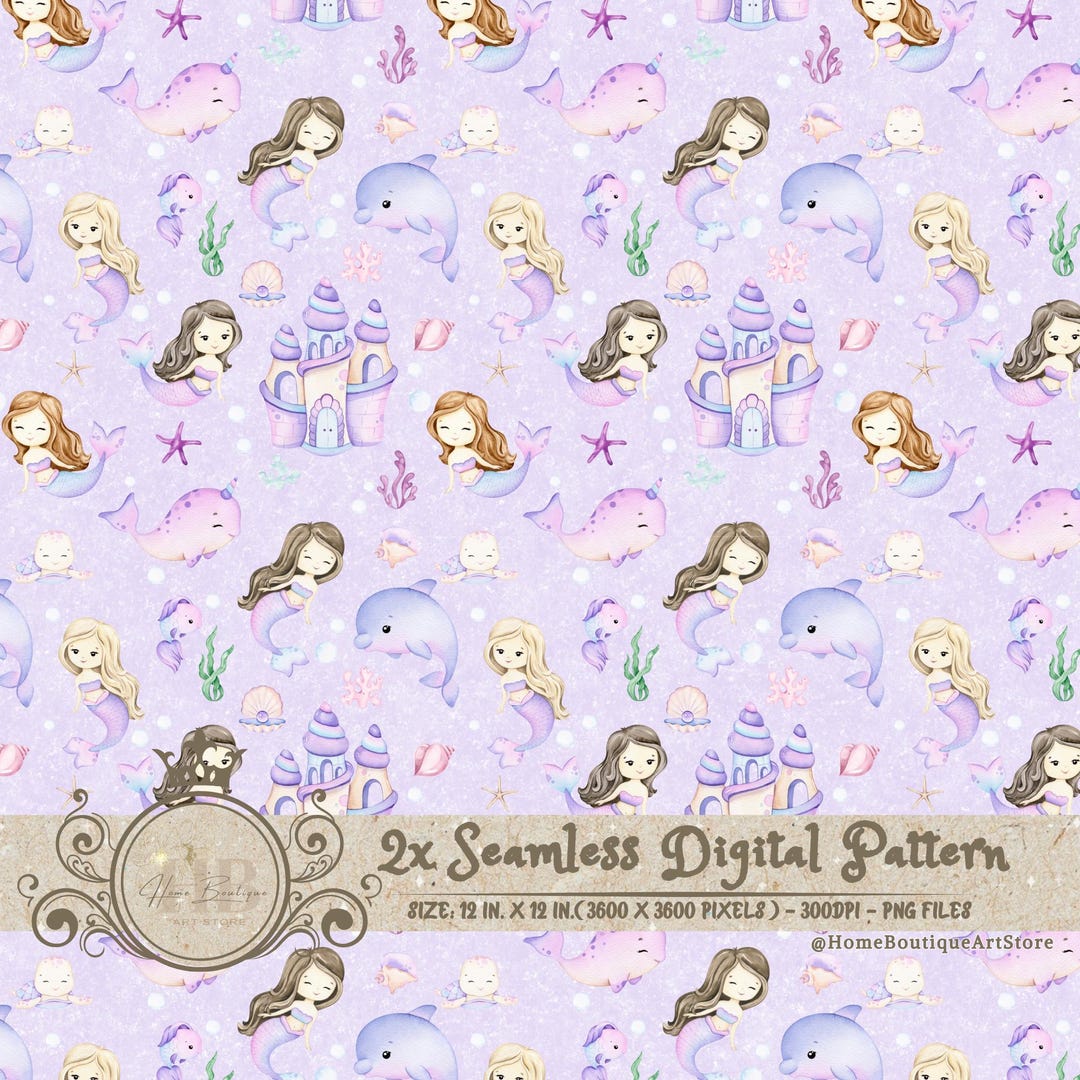 Mermaid Watercolor Digital Paper Little Mermaid Seamless Pattern ...