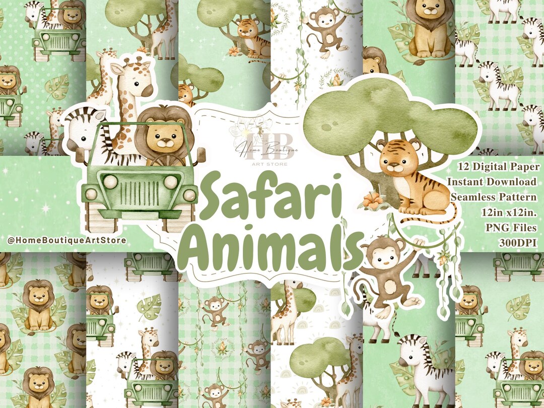 Safari Animals Digital Paper Pack Watercolor Animal Seamless Pattern ...