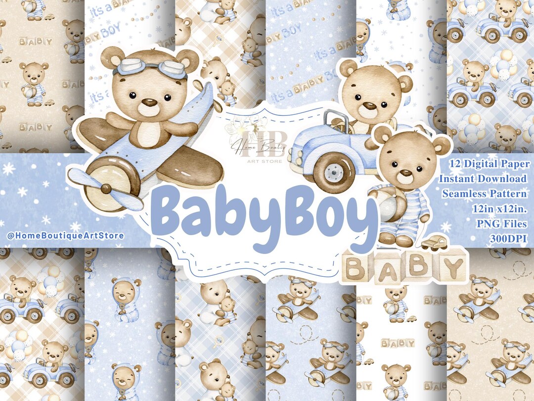 Watercolor Baby Boy Digital Paper Pack Teddy Bear Seamless Pattern It's ...