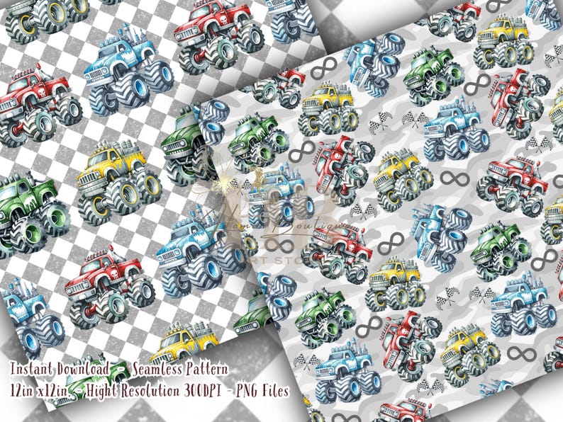 Watercolor Monster Trucks Digital Paper Pack Monster Trucks Seamless ...