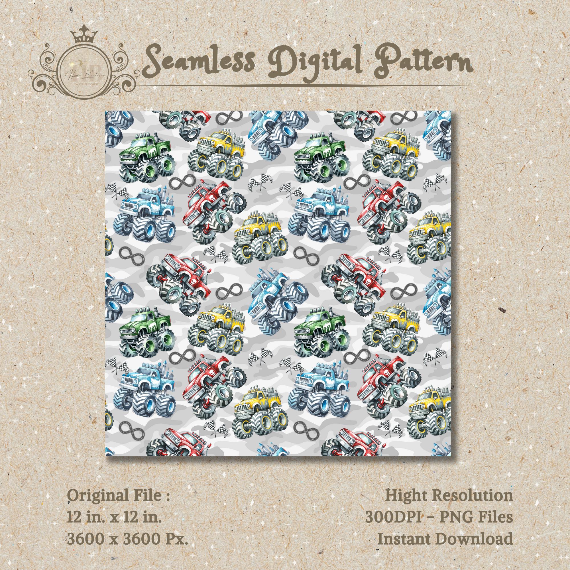 Watercolor Monster Trucks Digital Paper Pack Monster Trucks Seamless ...