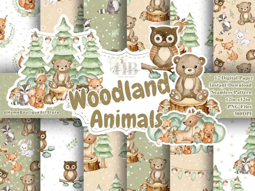 Woodland Animals Watercolor Digital Paper Pack Woodland Seamless ...
