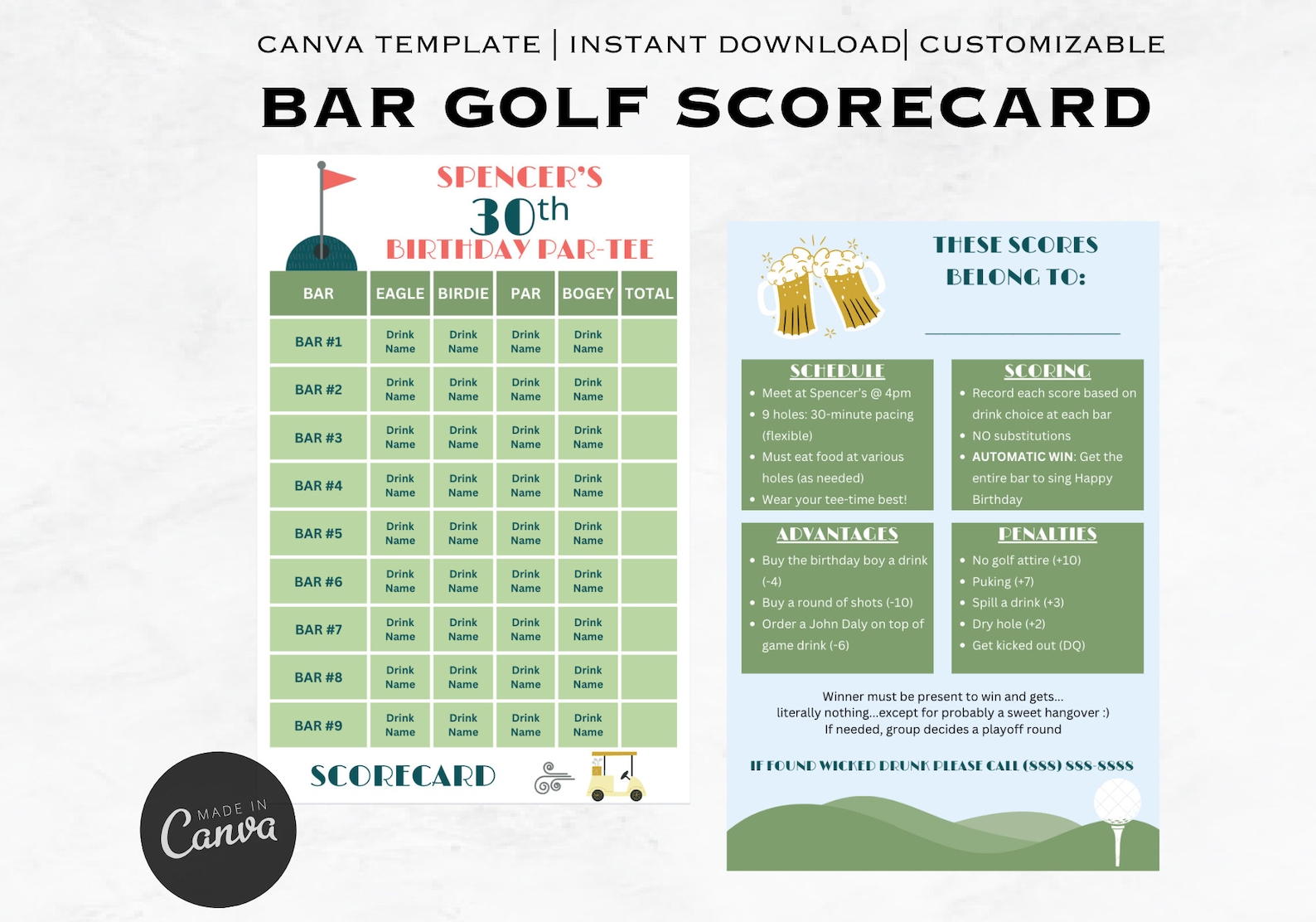 Bar Golf Scorecard | Editable Canva Template | Printable Bar Golf ...