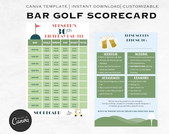Bar Golf Scorecard Editable Canva Template Printable Bar Golf Bachelor Bar Golf Birthday Bar ...