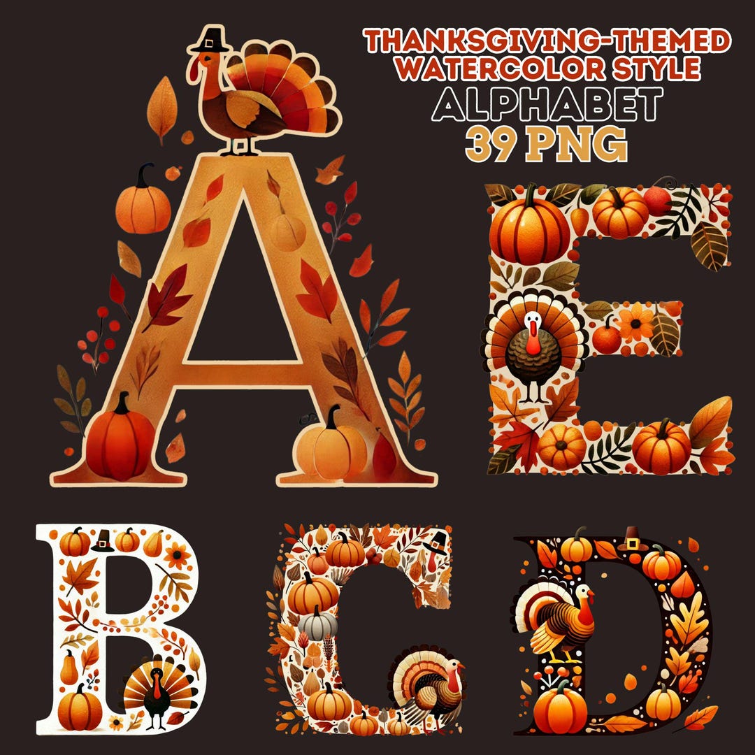 Thanksgiving Watercolor Alphabet Clipart: Pumpkin Turkey Letters ...
