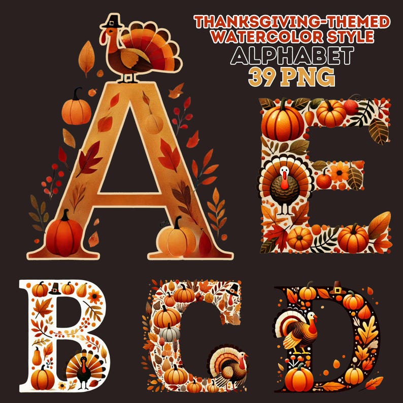 Thanksgiving Watercolor Alphabet Clipart: Pumpkin Turkey Letters ...