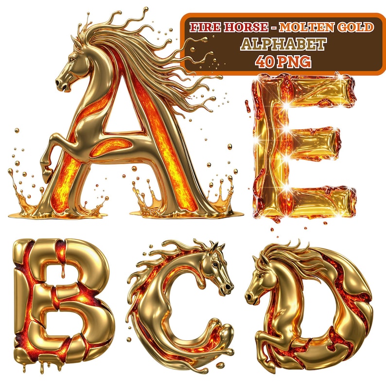 Fire Horse Molten Gold Alphabet PNG Set | Lava Gold Letters & Numbers ...