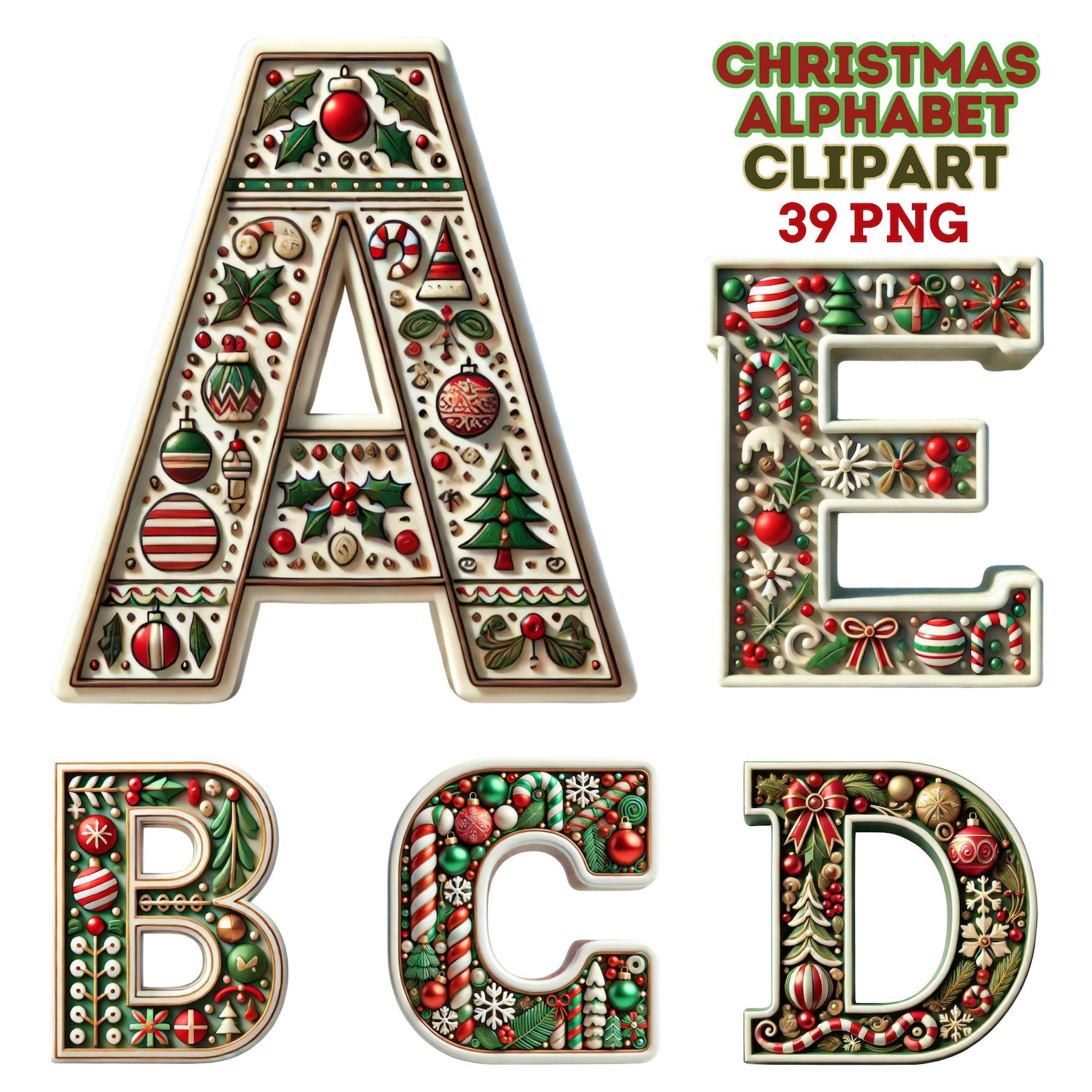 Christmas Alphabet Clipart, 39 PNG Festive Letters and Numbers Set ...