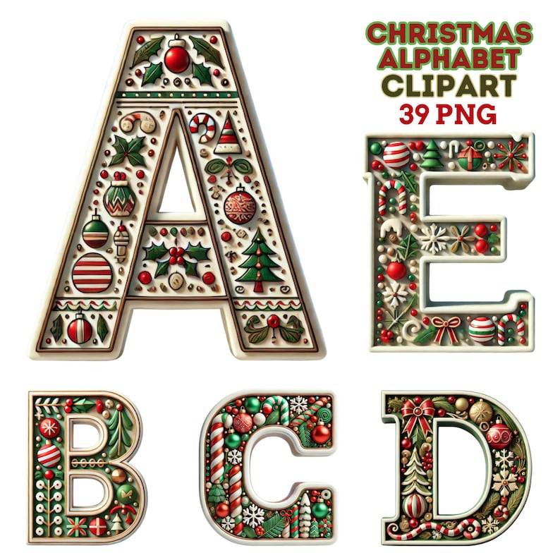 Christmas Alphabet Clipart, 39 PNG Festive Letters and Numbers Set ...