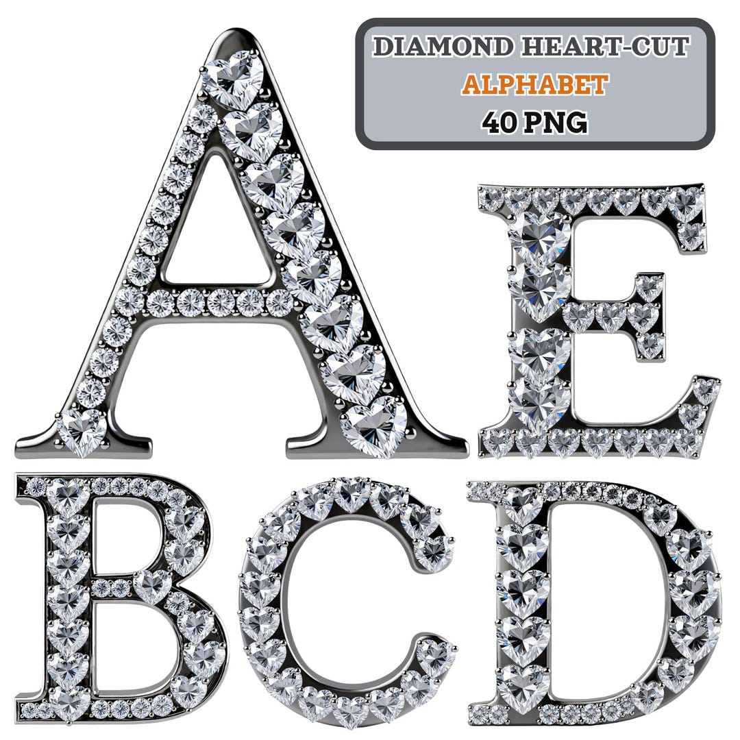 Diamond Heart-cut Alphabet PNG | Bling Gemstone Letters A–Z + 0–9 ...