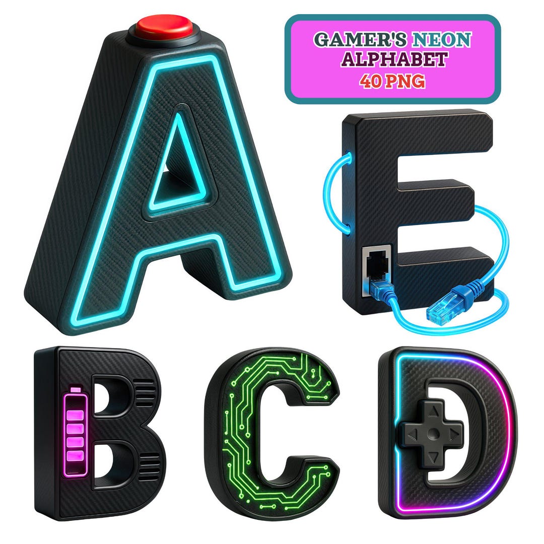 Gamer’s Neon Alphabet PNG | RGB Tech Letters 0–9 & Symbols | 3500px ...