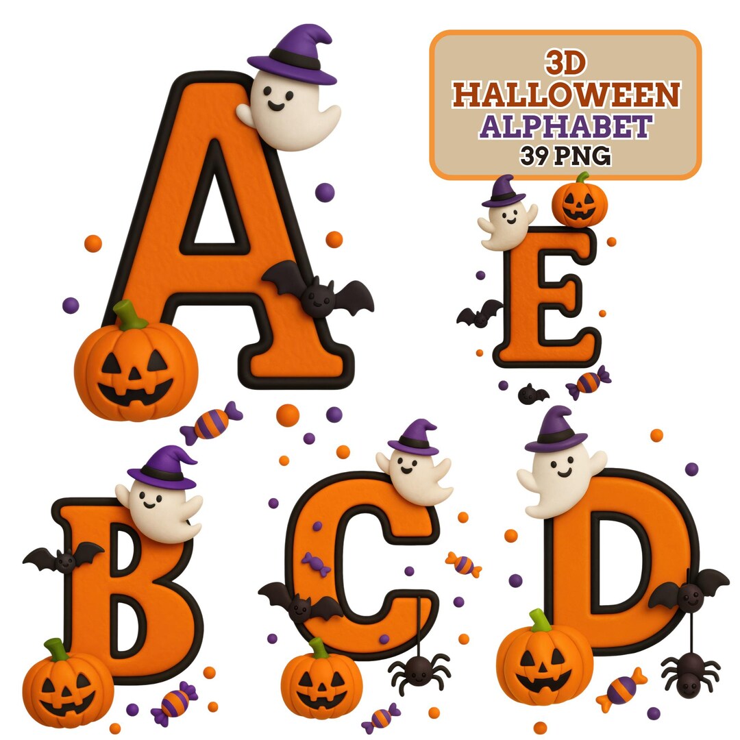 3D Halloween Alphabet PNG Clipart: Pumpkin, Mushroom, Acorn Letters - Etsy