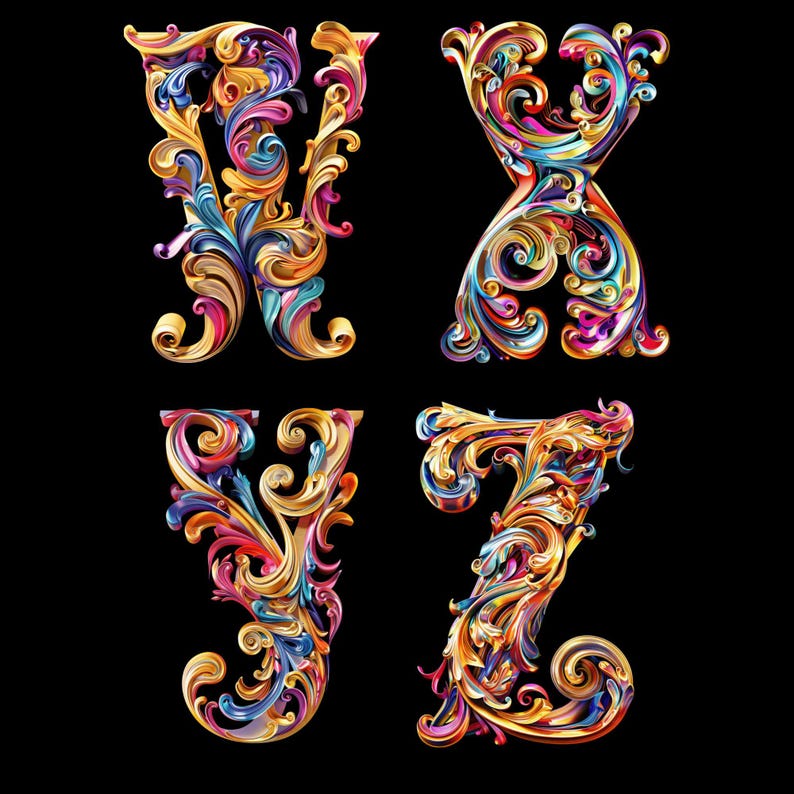 Baroque Rainbow Gold Alphabet PNG, Ornate Swirl Letters Numbers Clipart ...