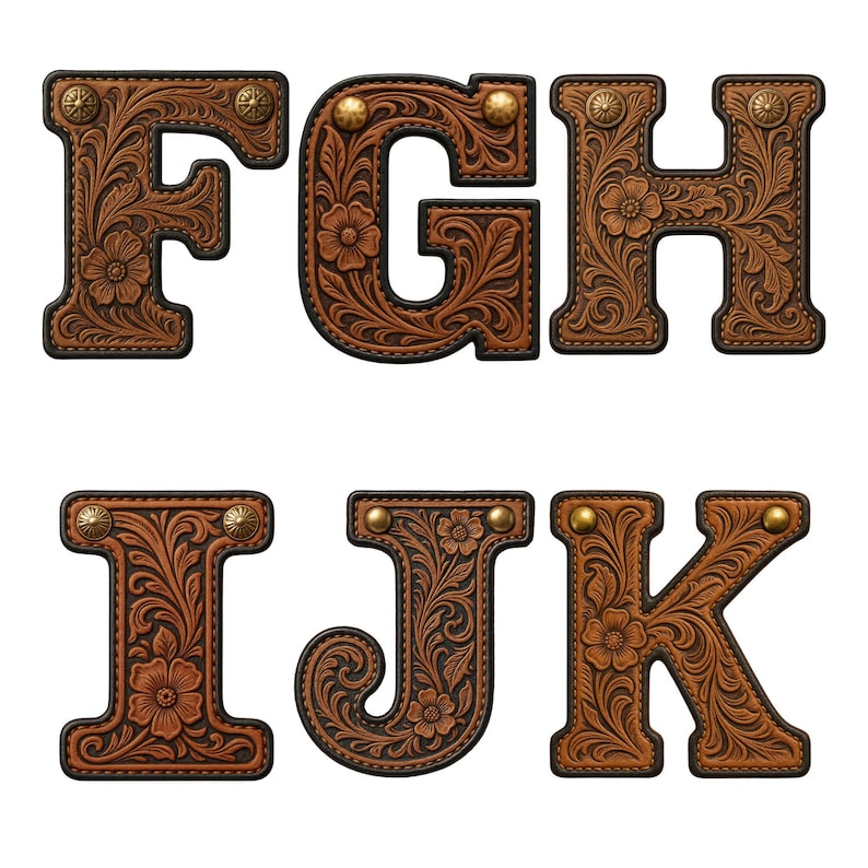 Tan Genuine Leather Alphabet PNG | Western Tooled Letters A–Z 0–9 ...