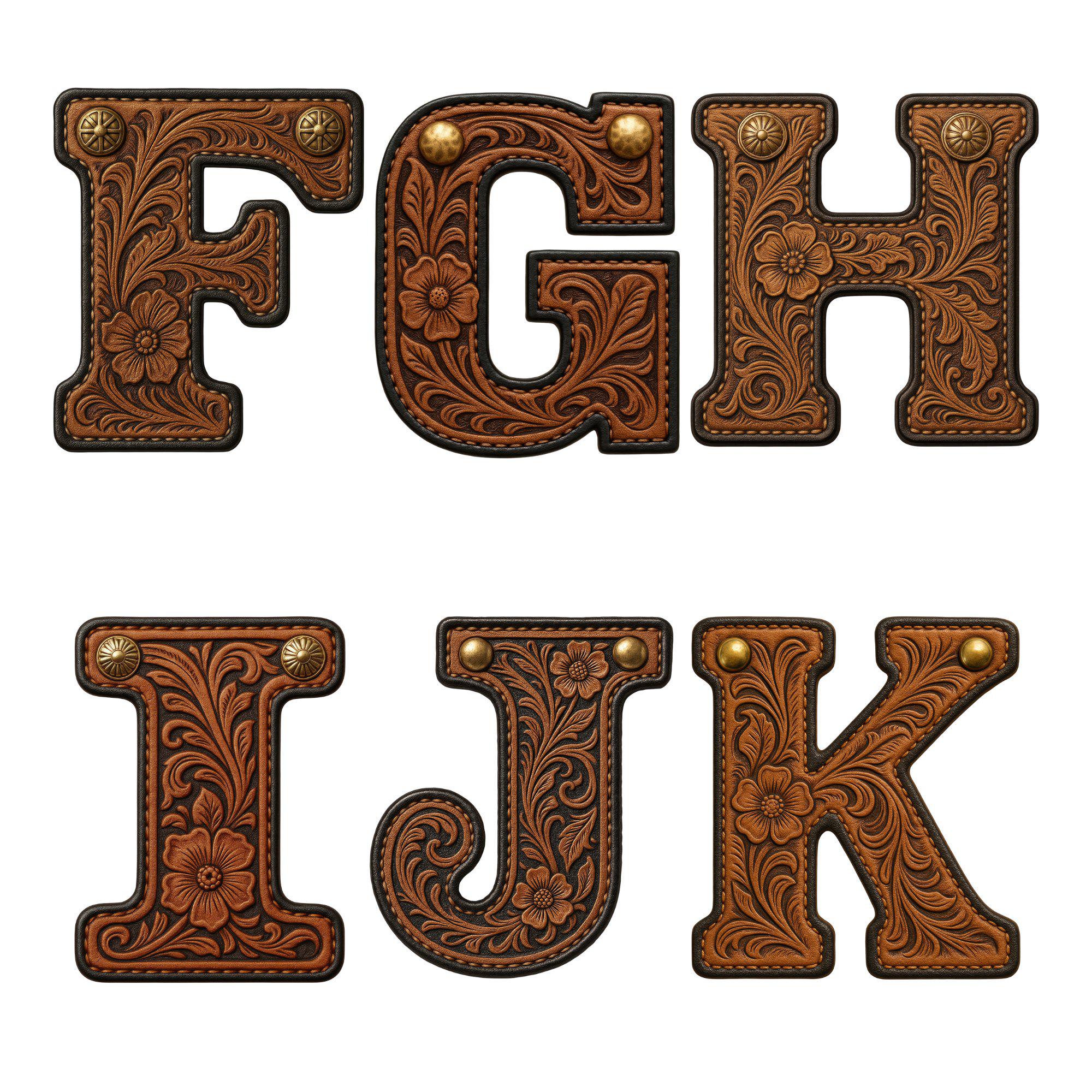Tan Genuine Leather Alphabet PNG | Western Tooled Letters A–Z 0–9 ...