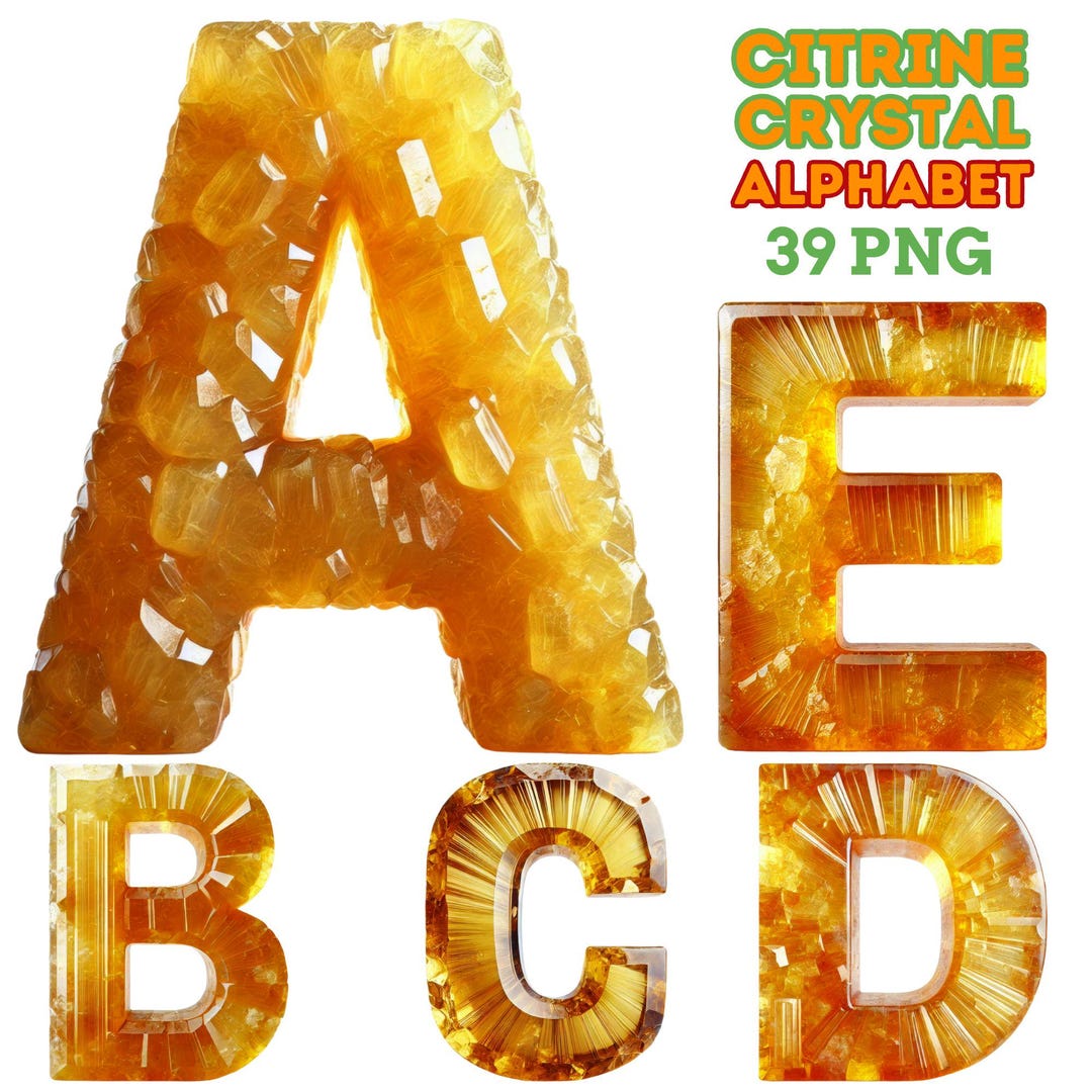 Citrine Crystal Alphabet Clipart: Golden Gemstone Letters (39 PNG ...