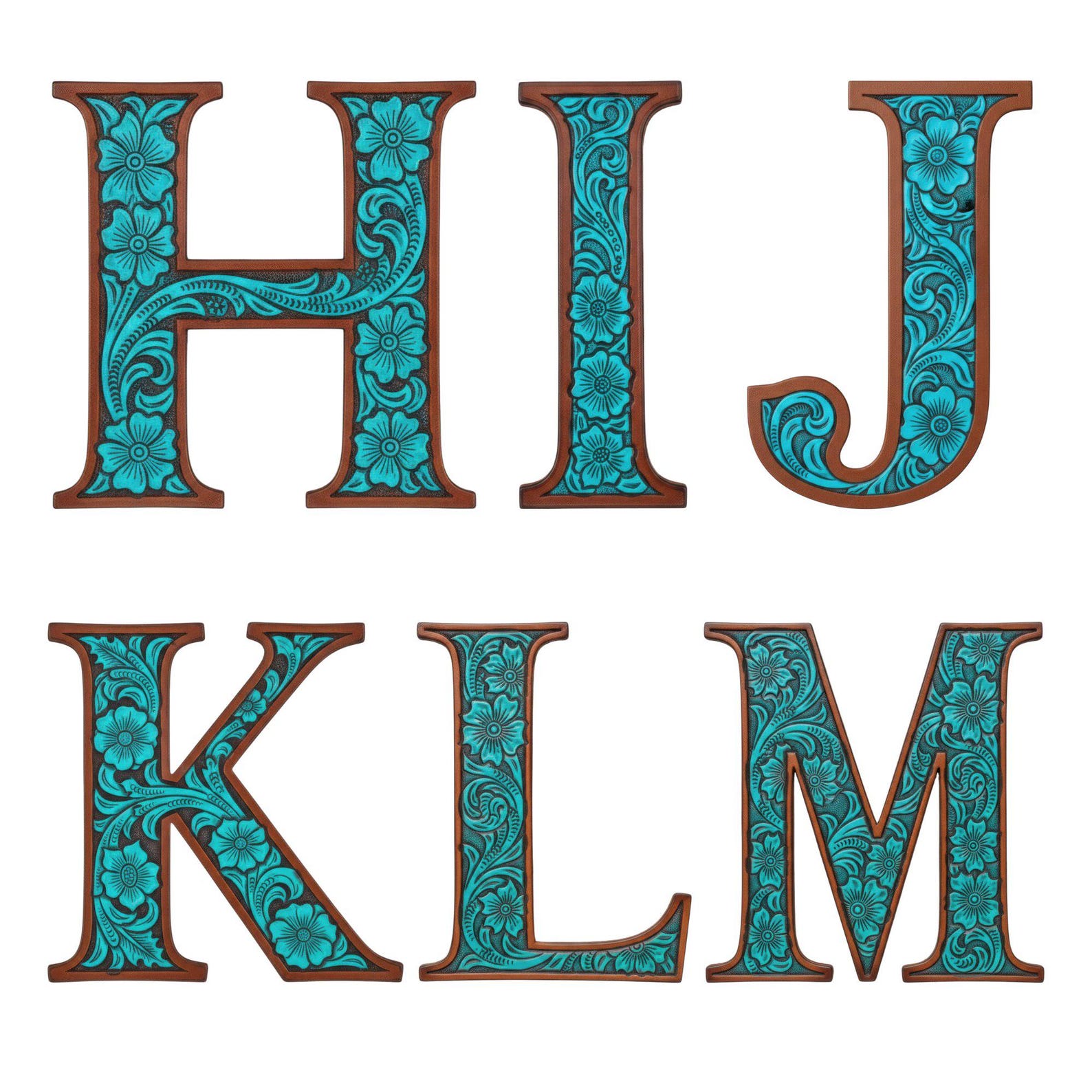 Turquoise Tooled Leather Alphabet PNG | Western Letters A–Z 0–9 ...