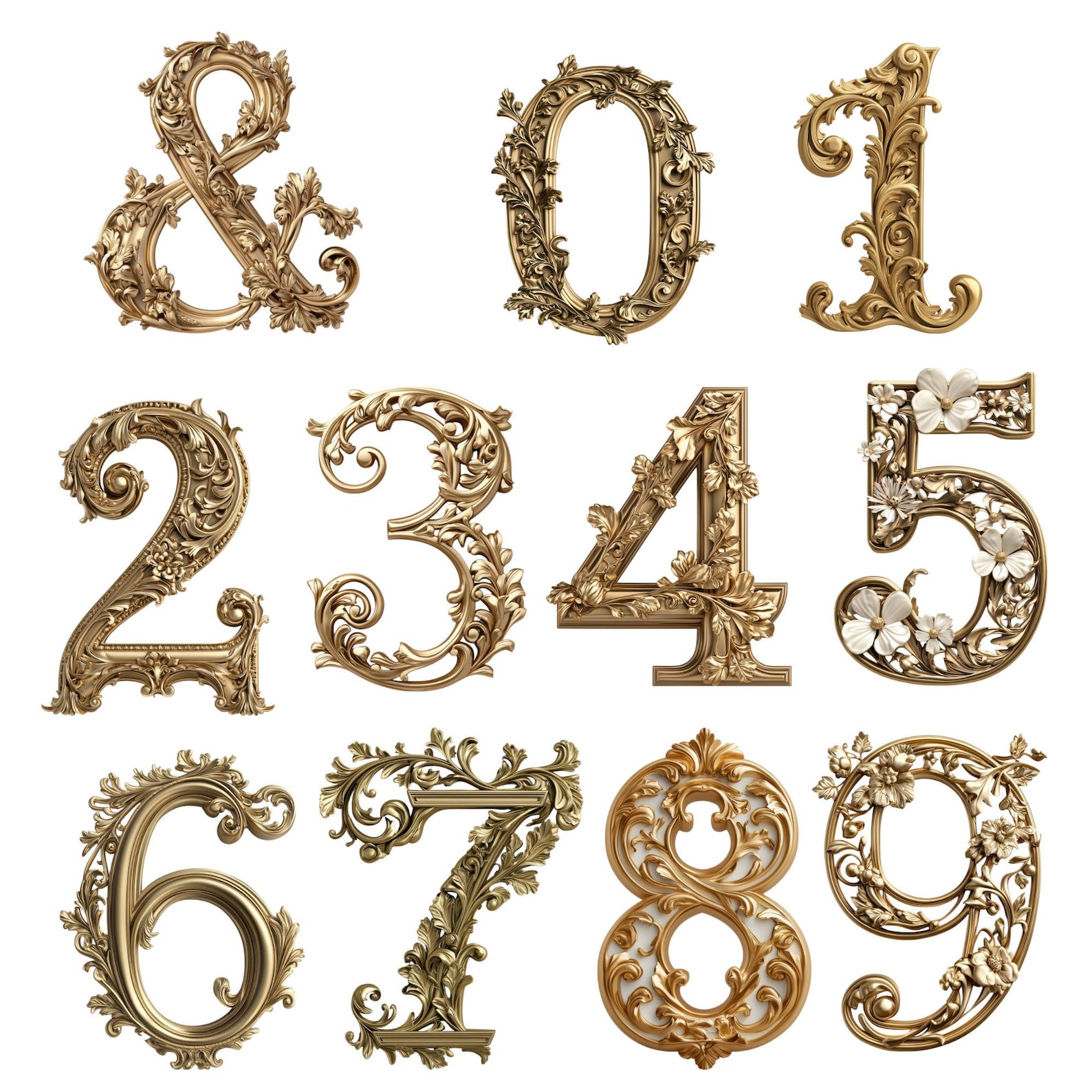 Regal Flourish Alphabet PNG Set | Ornate Golden Letters and Numbers ...