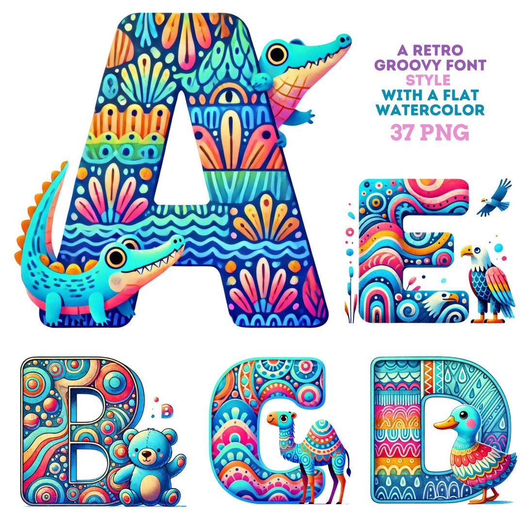 Retro Groovy Font Style Alphabet With Flat Watercolor Illustrations, 37 ...