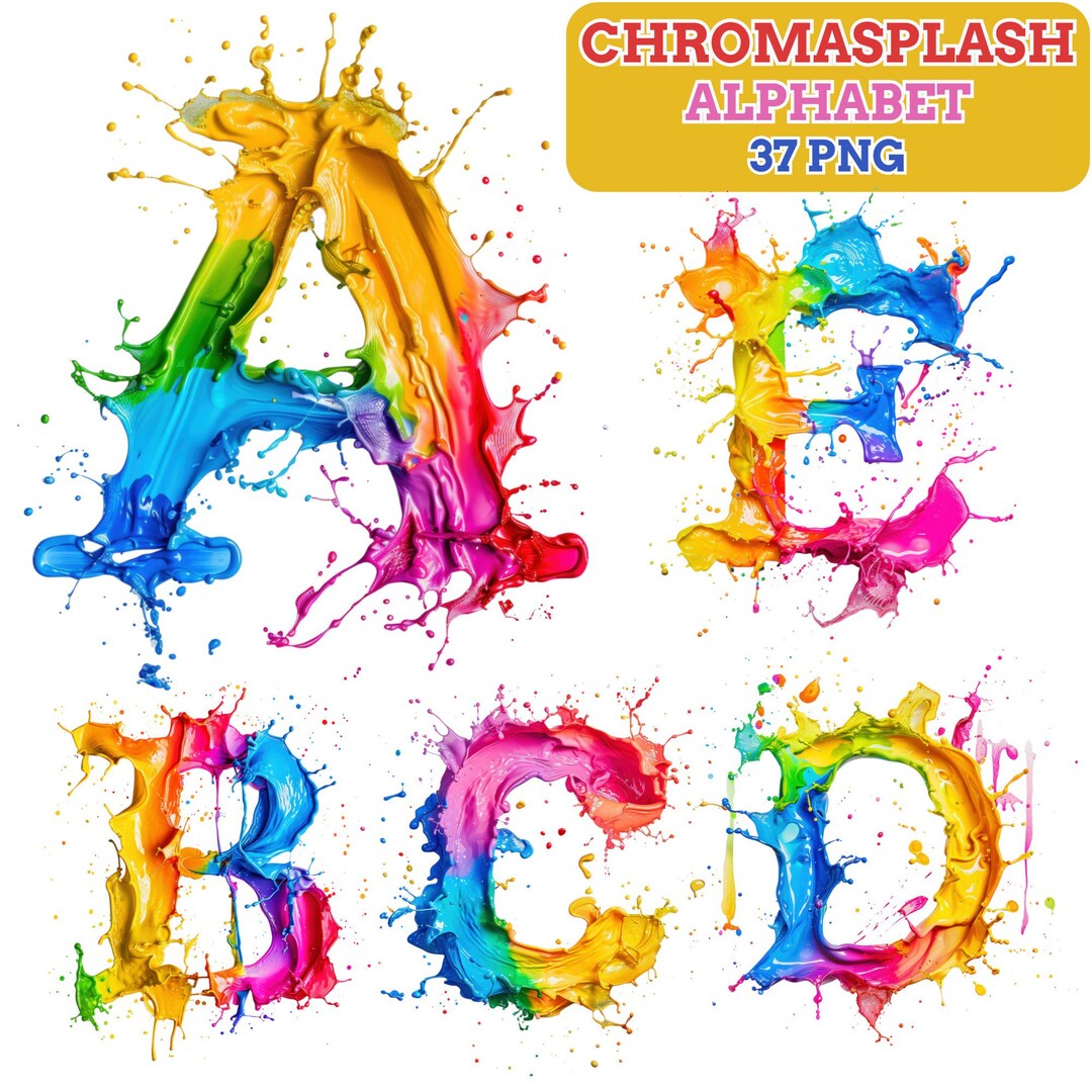 Rainbow Paint Splash Alphabet PNG Bundle: Sublimation Letters & Numbers ...