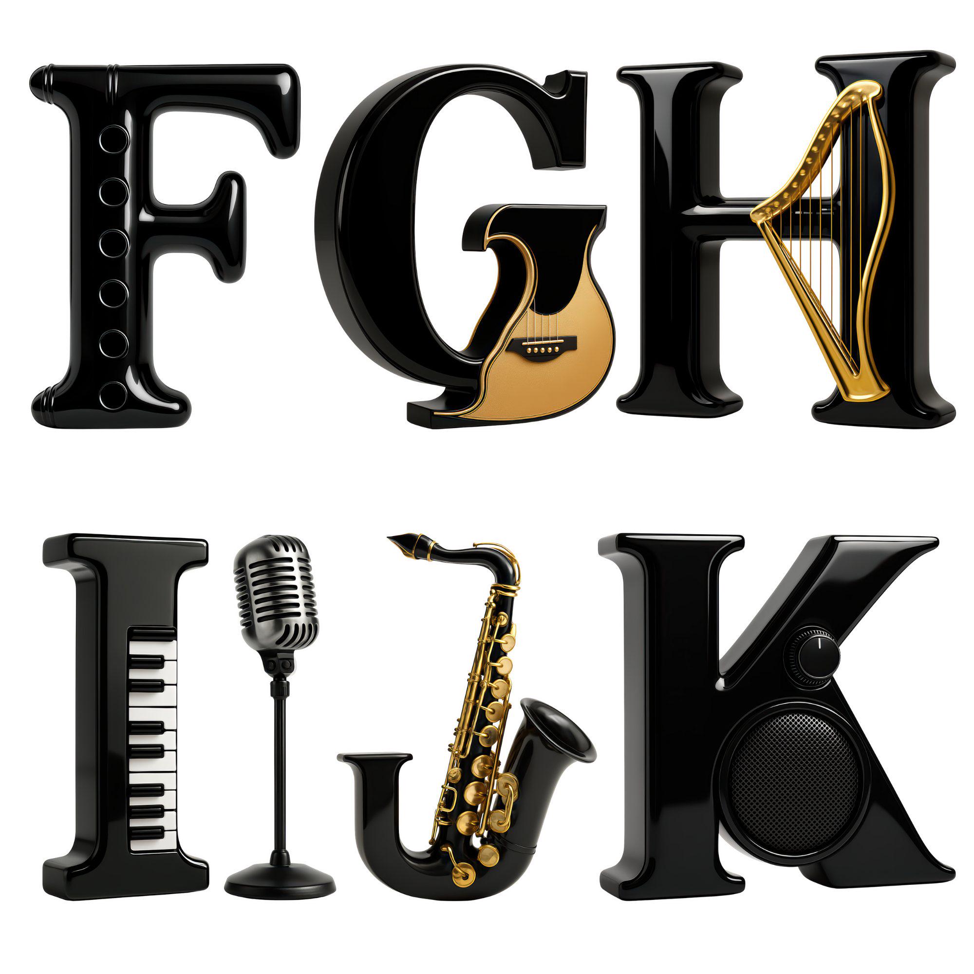 Musician’s Symphony Alphabet PNG | Black Instrument Letters 0–9 ...
