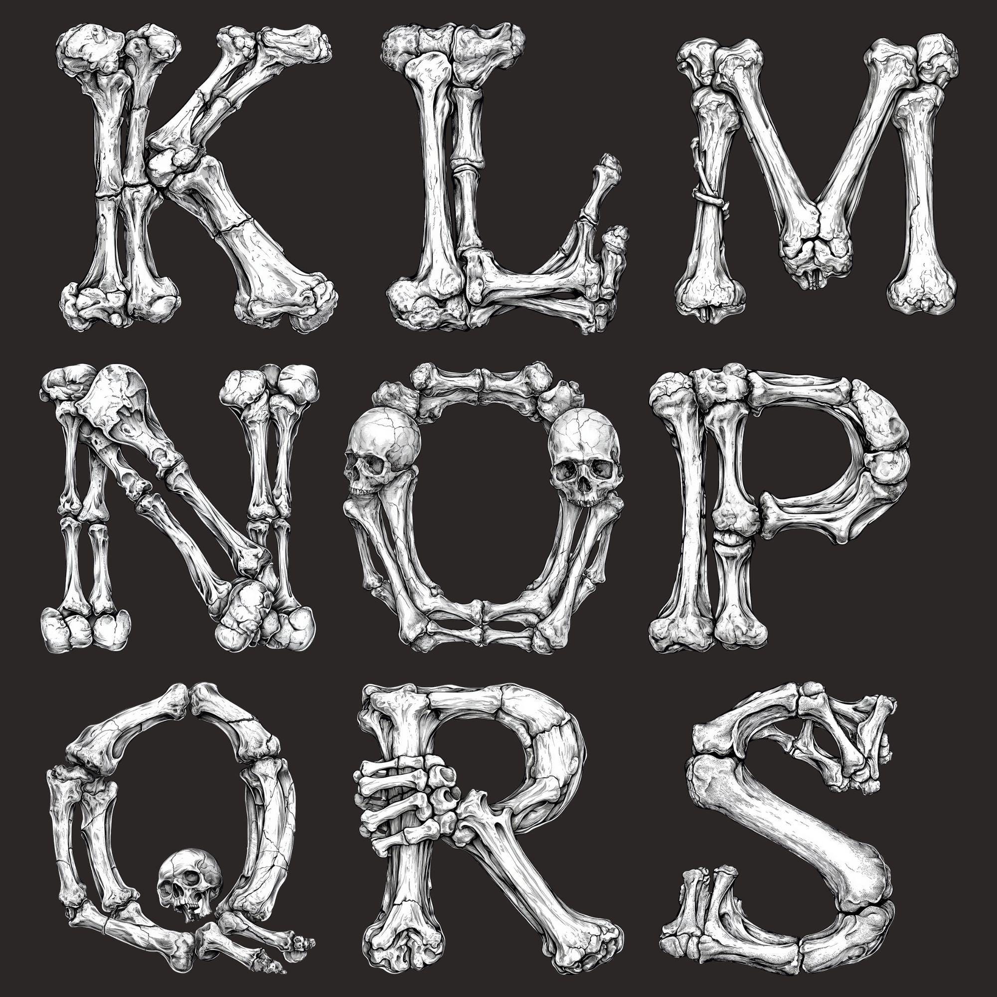 Human Hand Bone Alphabet PNG Set, Gothic Skull Lettering, Skeleton Font ...