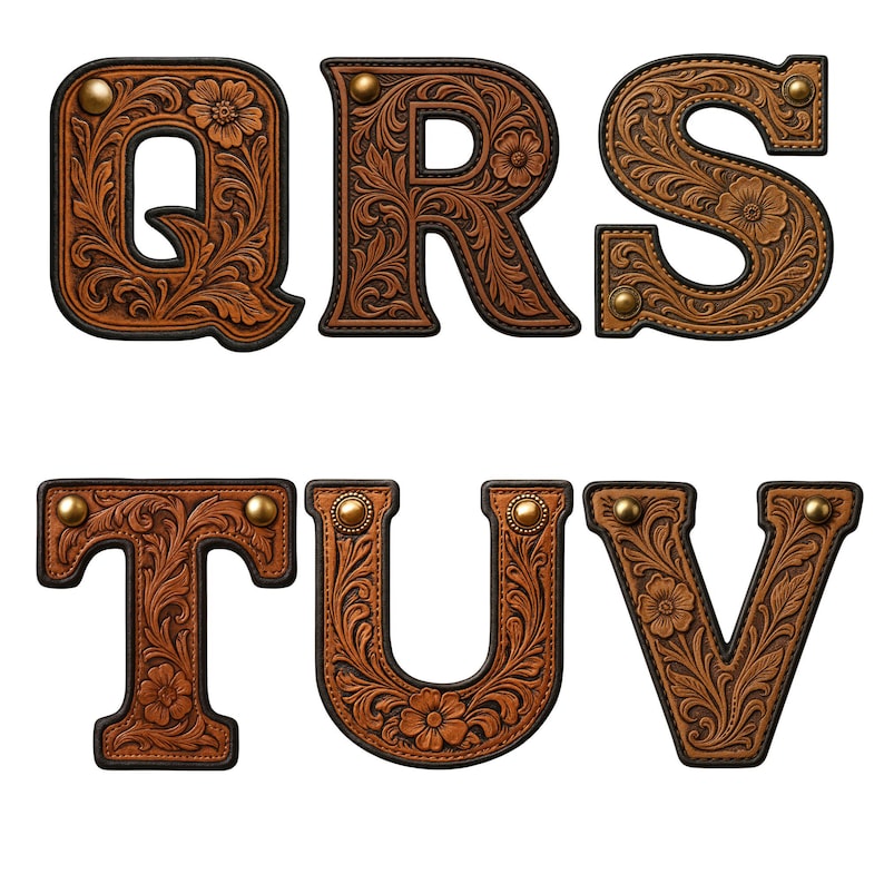 Tan Genuine Leather Alphabet PNG | Western Tooled Letters A–Z 0–9 ...