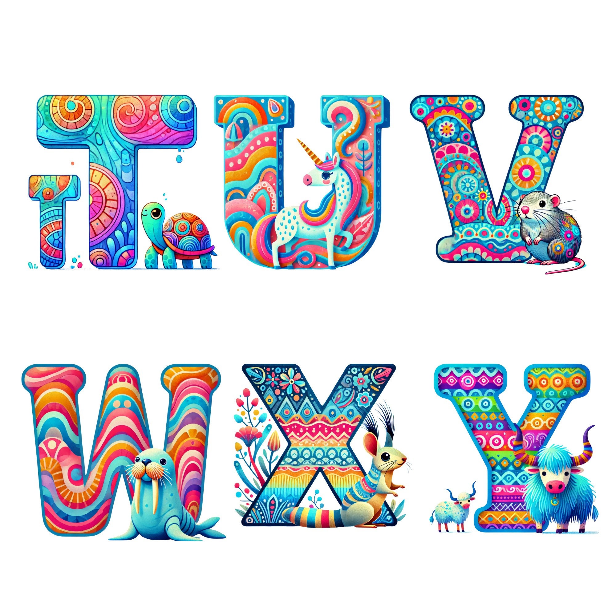 Retro Groovy Font Style Alphabet With Flat Watercolor Illustrations, 37 ...