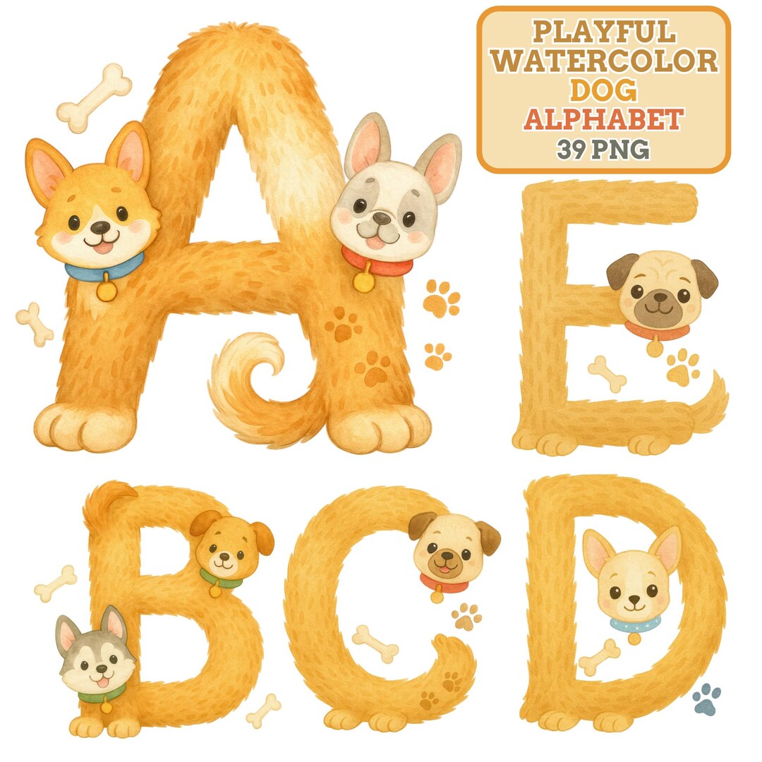 Watercolor Dog Alphabet Clipart: Puppy Letter PNG Set (digital Download ...