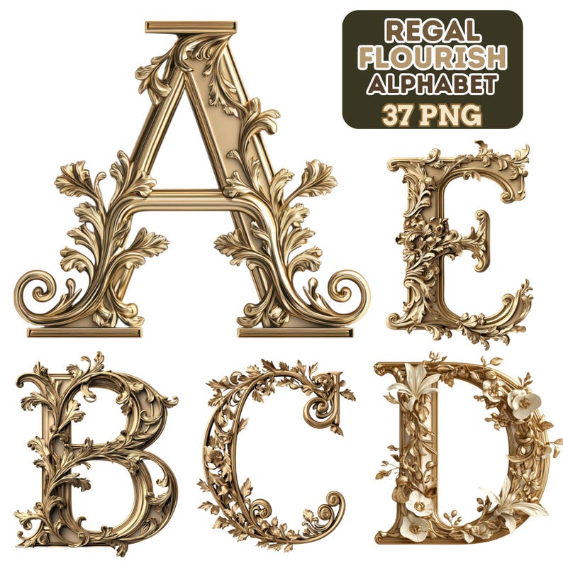 Regal Flourish Alphabet PNG Set | Ornate Golden Letters and Numbers ...