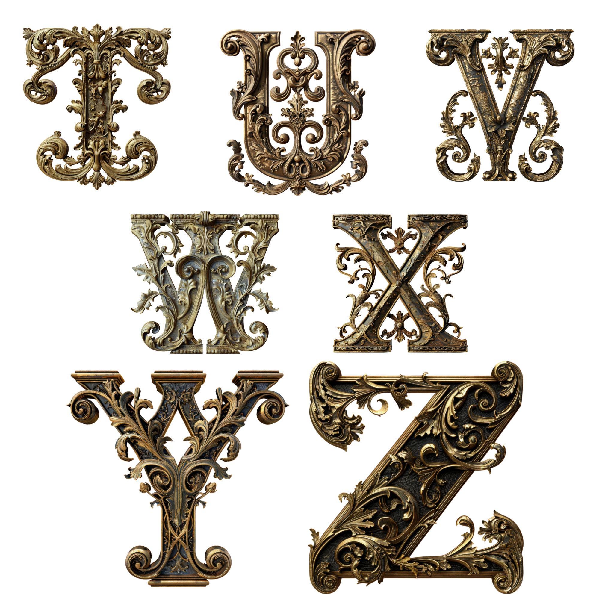 Victorian Baroque Alphabet PNG: Antique Gold Flourish Font (digital ...